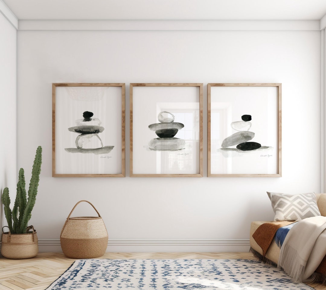 Stacked Stones Art Print Balancing Rocks Painting White Black Ink ...