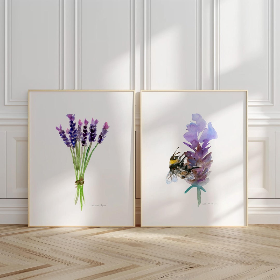 Lavender Art Print Set of 2 Lavender Watercolor Painting Bumblebee ...