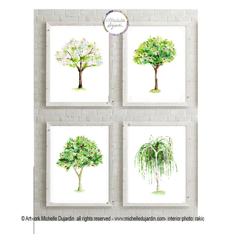 Green tree prints set of 4 tree watercolors green wall art | Etsy