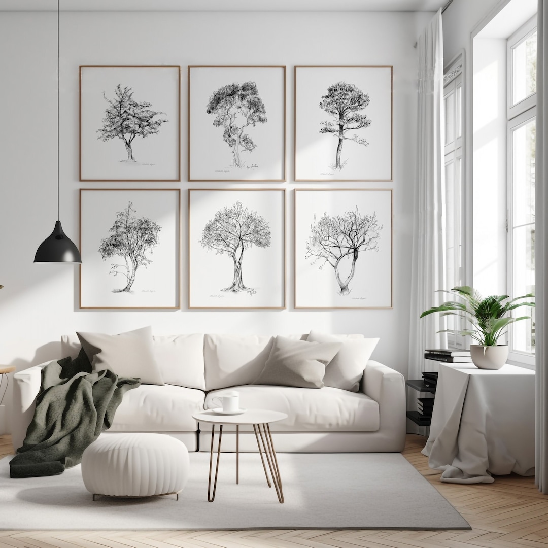 Tree Art Set of 6 Prints Tree Pencil Drawings Eucalyptus Tree Birch ...