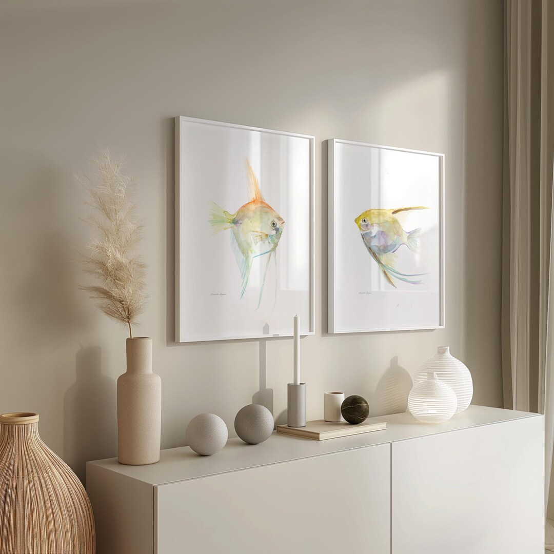 Angelfish Art Prints Set of 2 Fish Watercolor Paintings Aquarium ...
