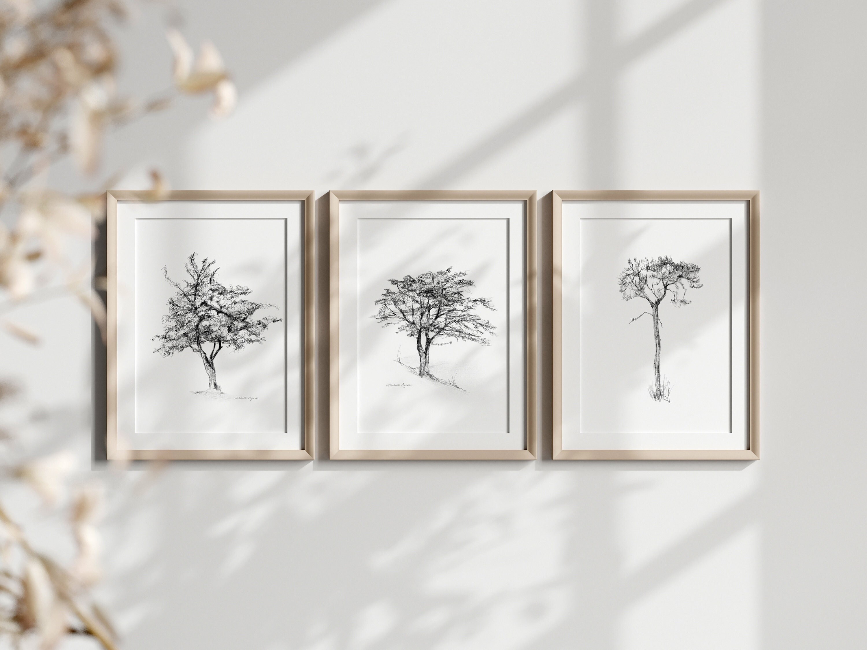 Tree Pencil Drawing Print Set, Gray Minimalist Home Decor - Etsy