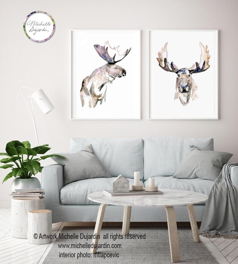 Moose wall art moose paintings set of 2 prints moose | Etsy