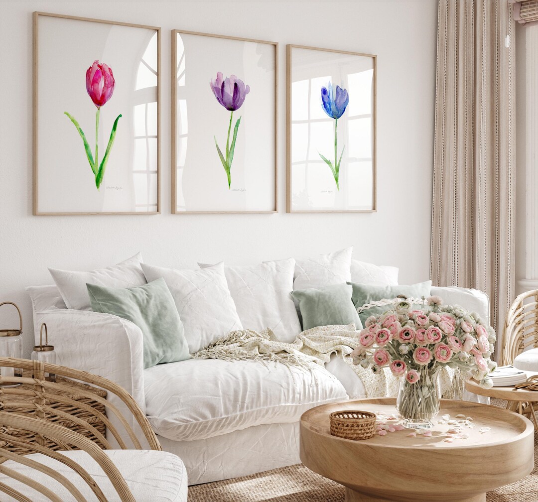 Tulip Art Prints Set of 3 Tulip Watercolor Paintings Tulip Flowers Pink ...