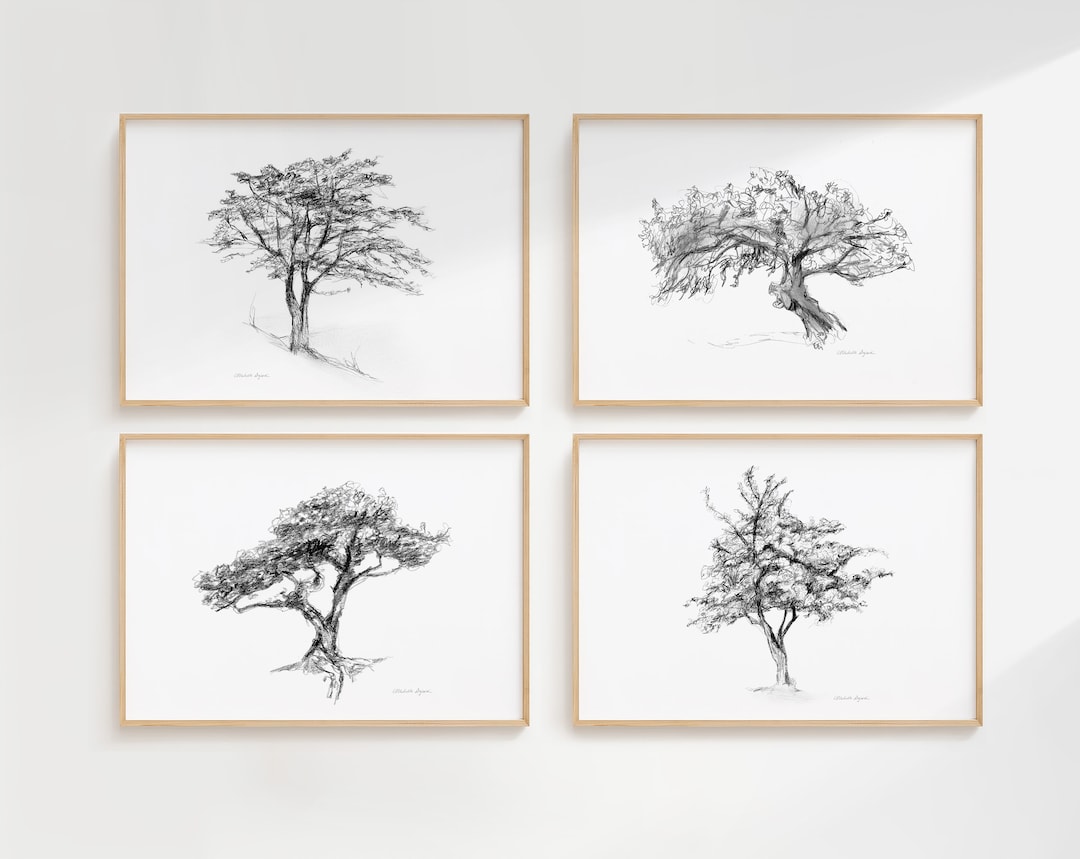 Tree Art, Set of 4 Tree Drawings, Giclee Prints, Tree Wall Art, Tree ...