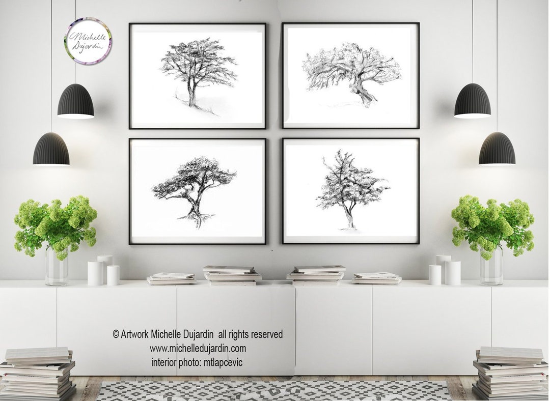 Tree Art Set of 4 Tree Drawings Giclee Prints Tree Wall - Etsy