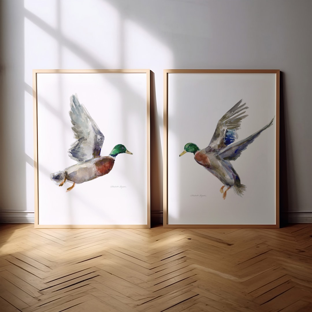 Mallard Duck Art Prints Set of 2 Flying Mallards Male Ducks Watercolor ...