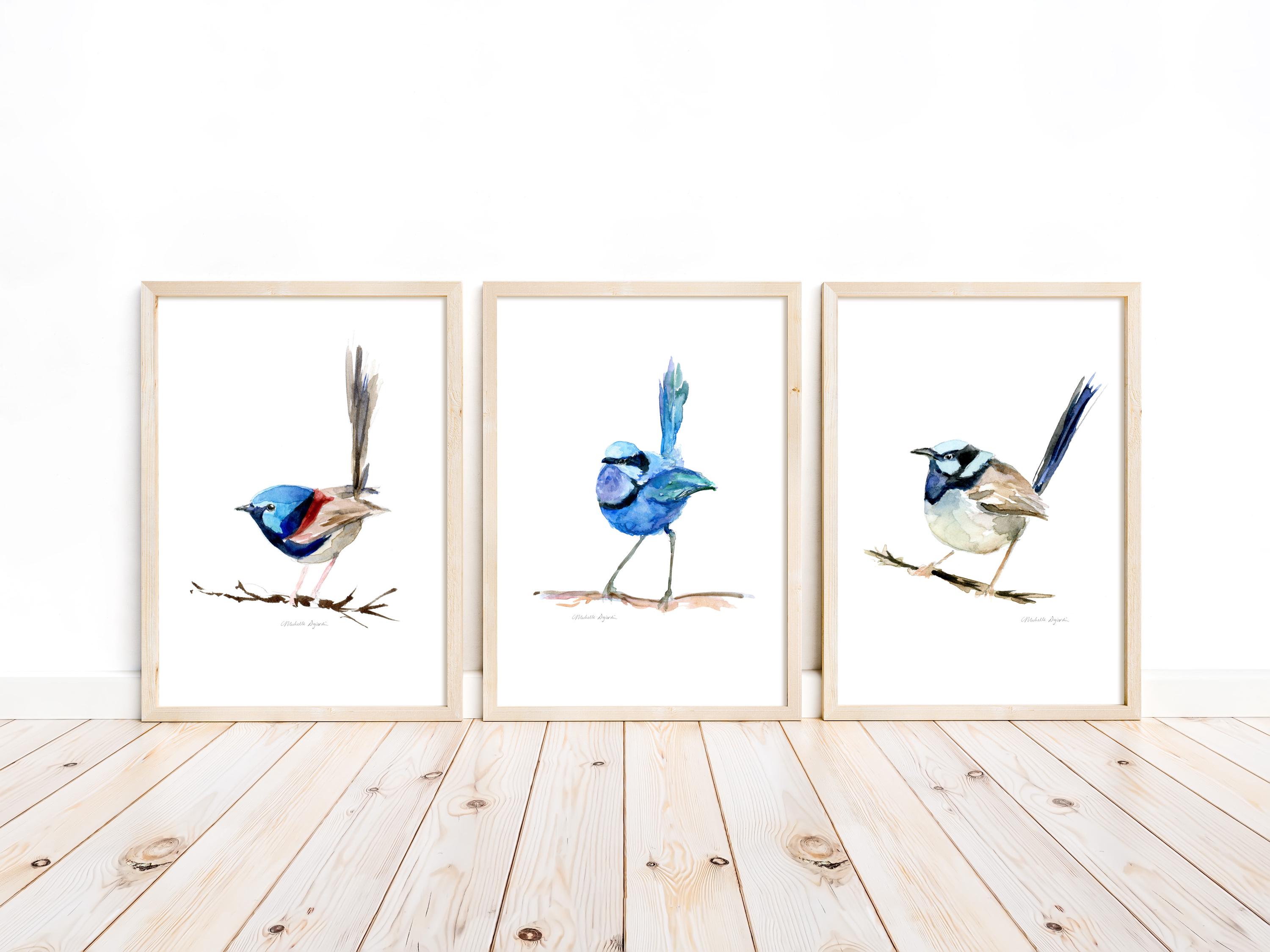 Fairywren Art Prints Set of 3 Bird Watercolor Paintings Splendid ...