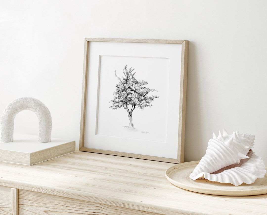 Tree Art Tree Pencil Drawing Triangle Shaped Tree Print Grey Black ...
