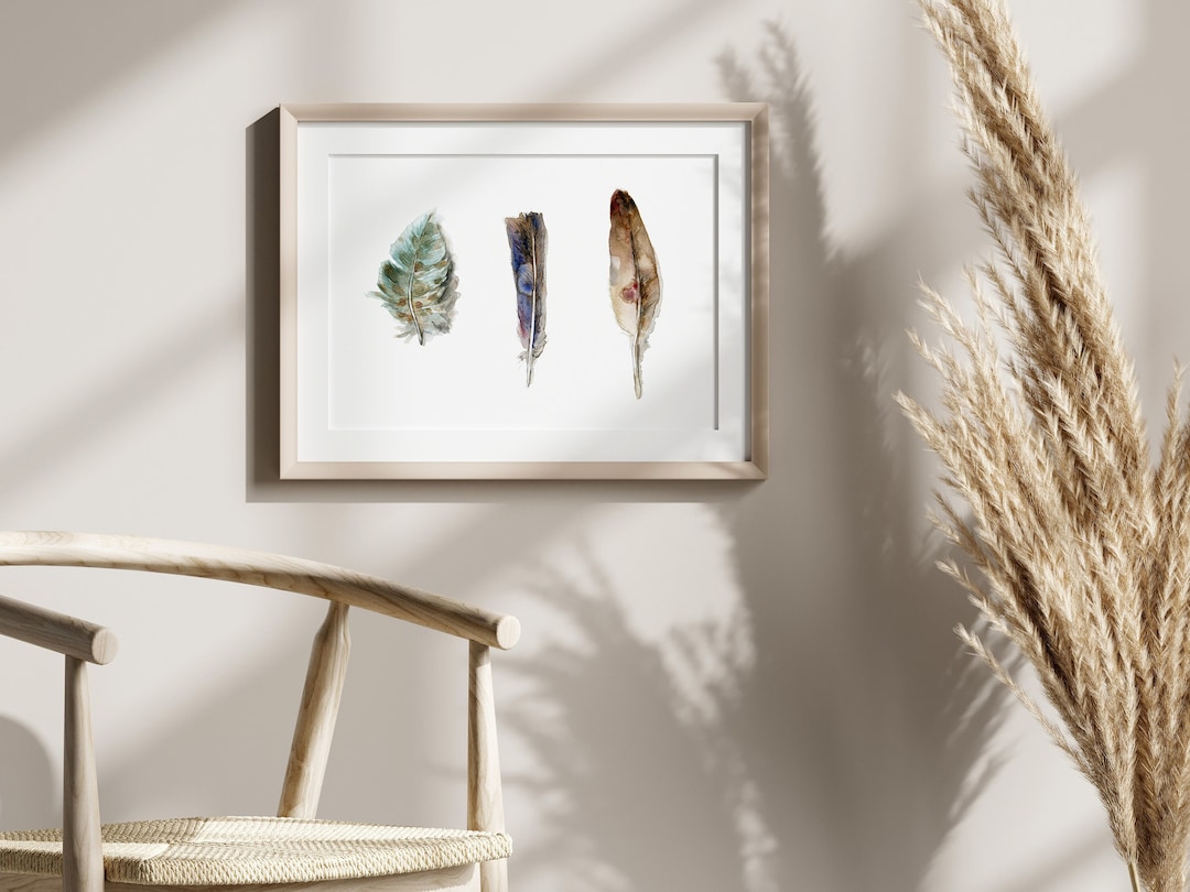 Feather Art Print 3 Feathers Watercolor Painting Brown Blue Green Wall ...