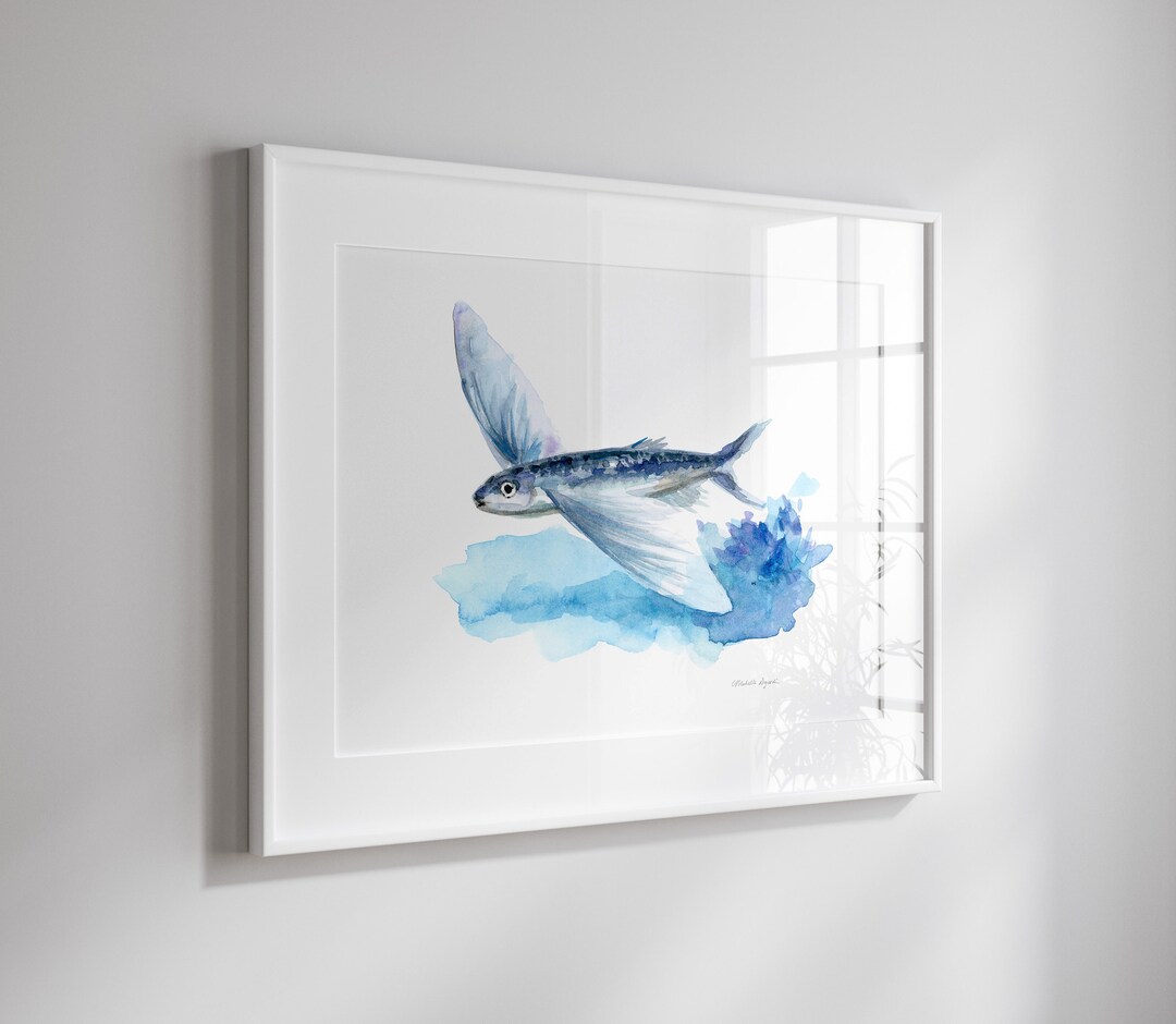 Flying Fish Art Print Flying Fish Watercolor Painting Jumping Fish Blue ...