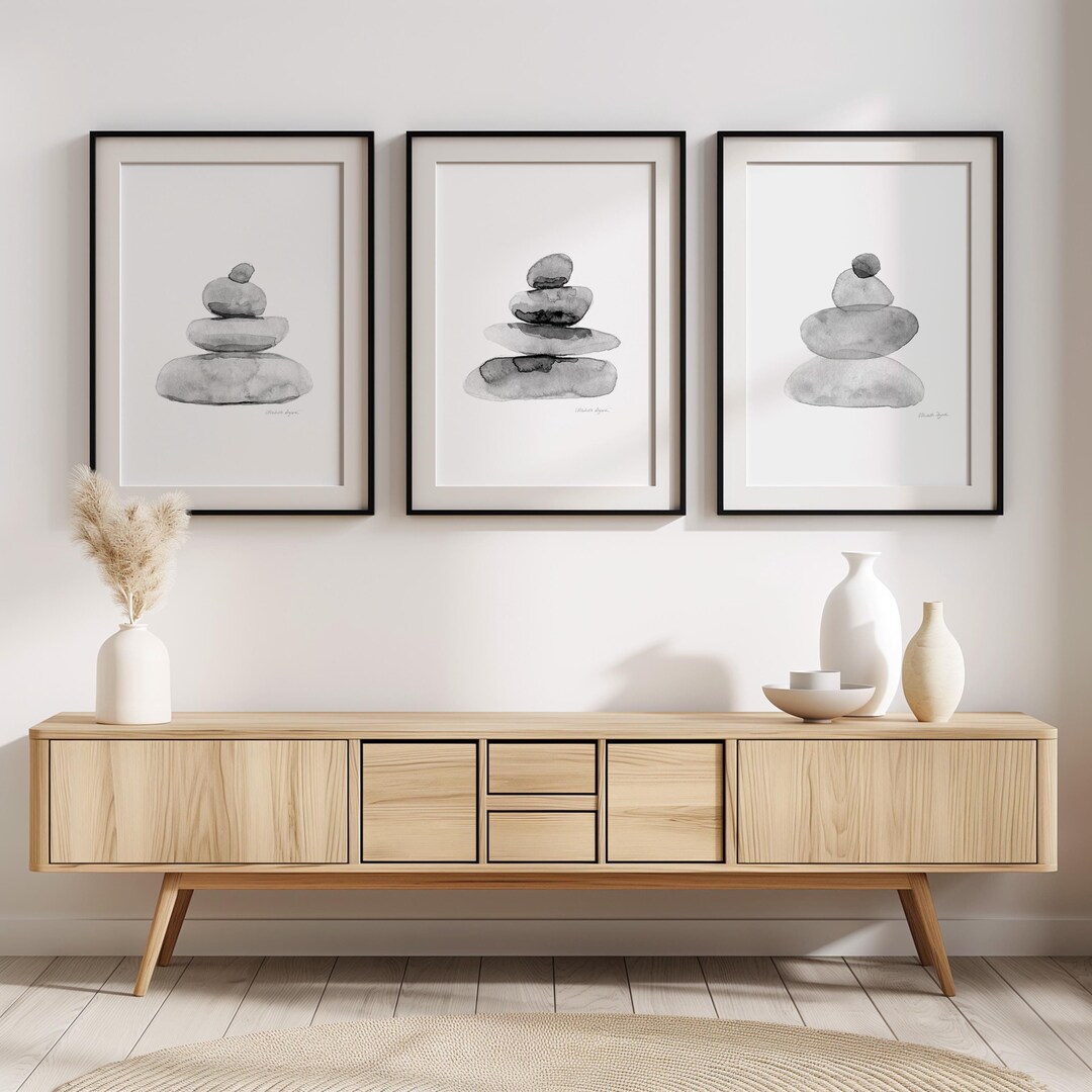 Zen Stones Art Prints Set of 3 Stacked Stones Paintings Stapled Rocks ...