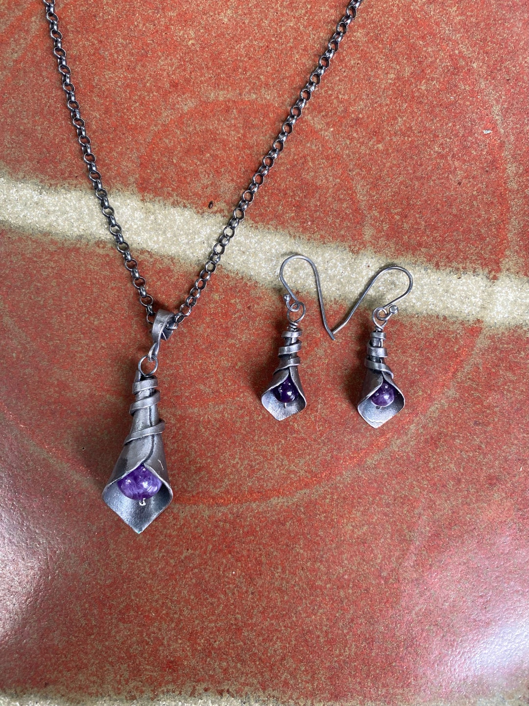 Forged Iron Calla Lily and Amethyst Pendant With Matching Earrings - Etsy