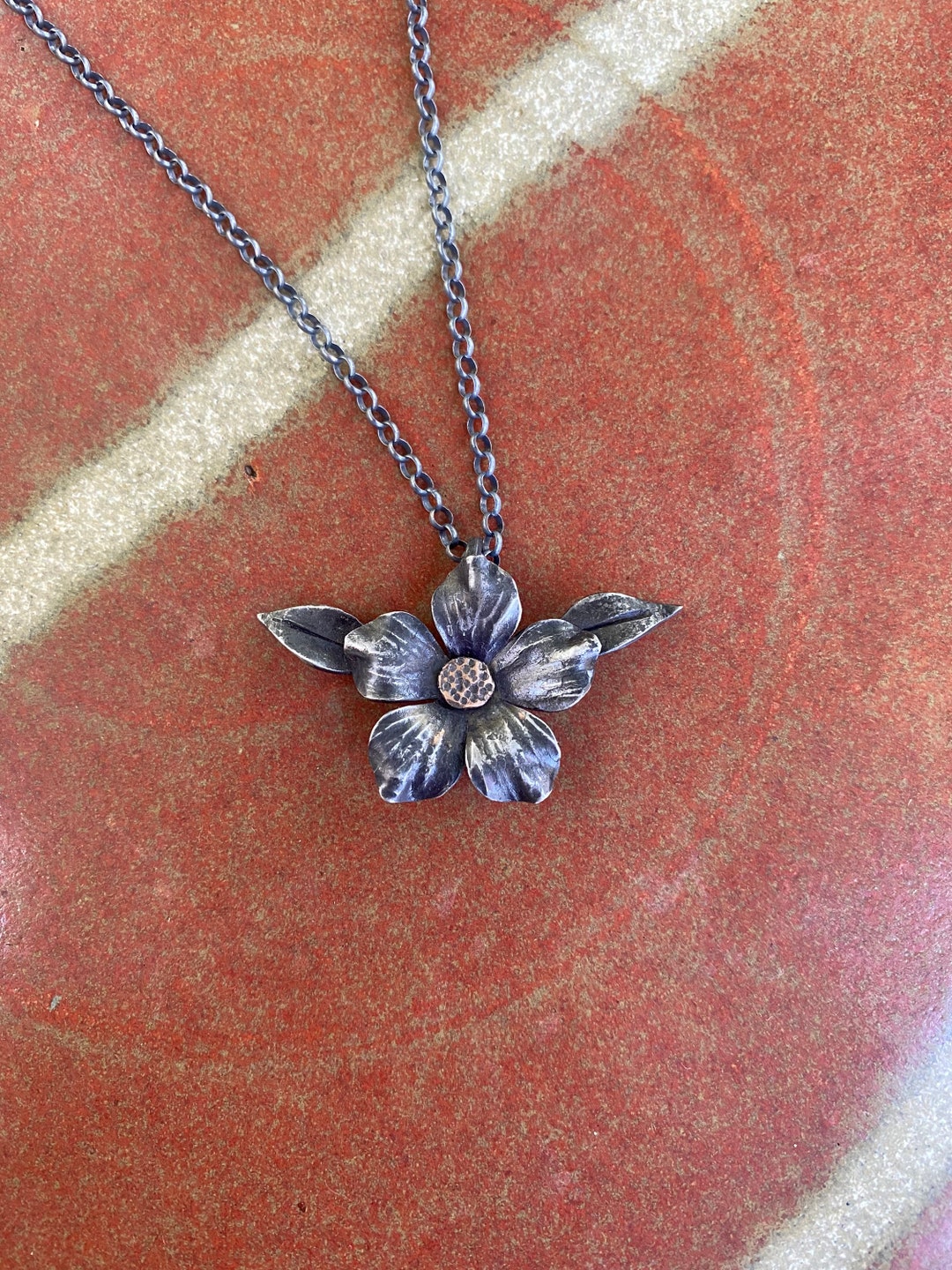 Hand Forged Iron Flower With a Pair of Leaves Pendant With Bronze ...