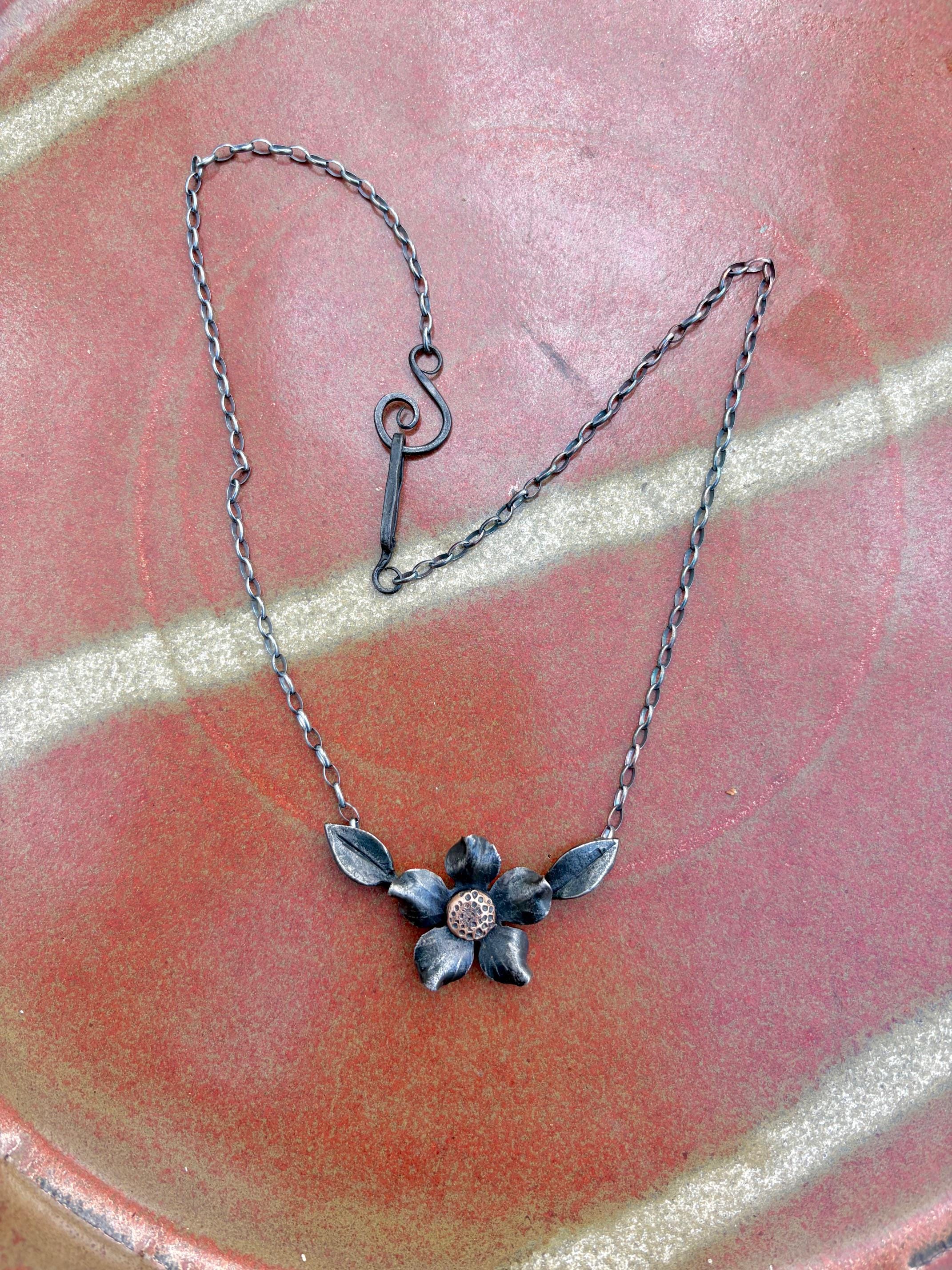 Hand Forged Iron Flower Necklace With Leaves, Bronze Center, Sterling ...