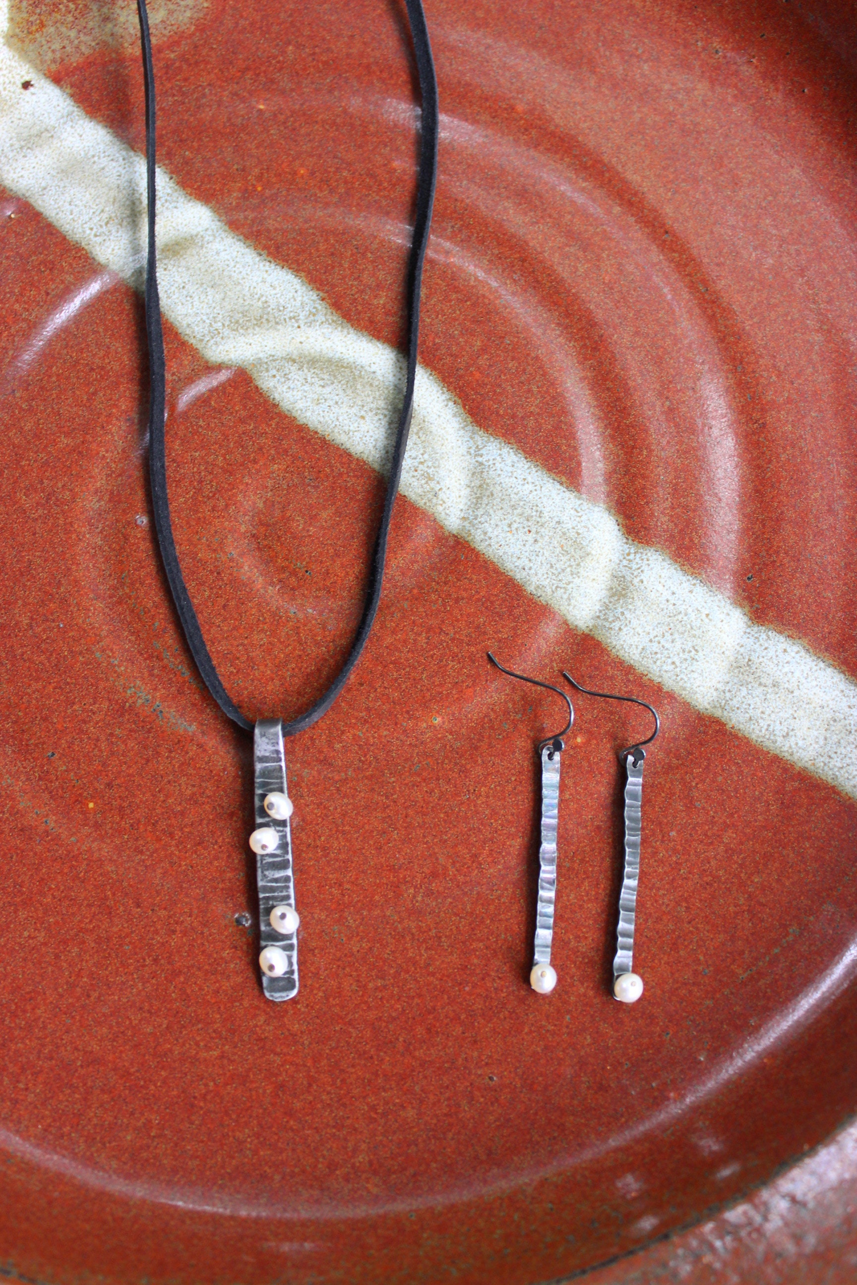 Iron and Pearl Barnacle Pendent: Forged Iron Textured Bar With 4 White ...