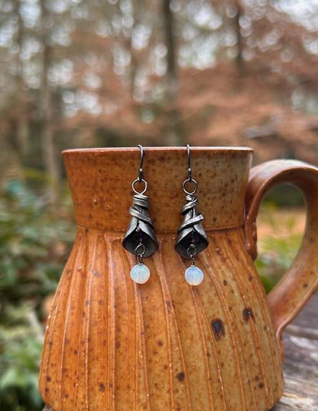Iron Jewelry: Forged Iron Calla Lily, Purple Amethyst and Opal Earrings ...