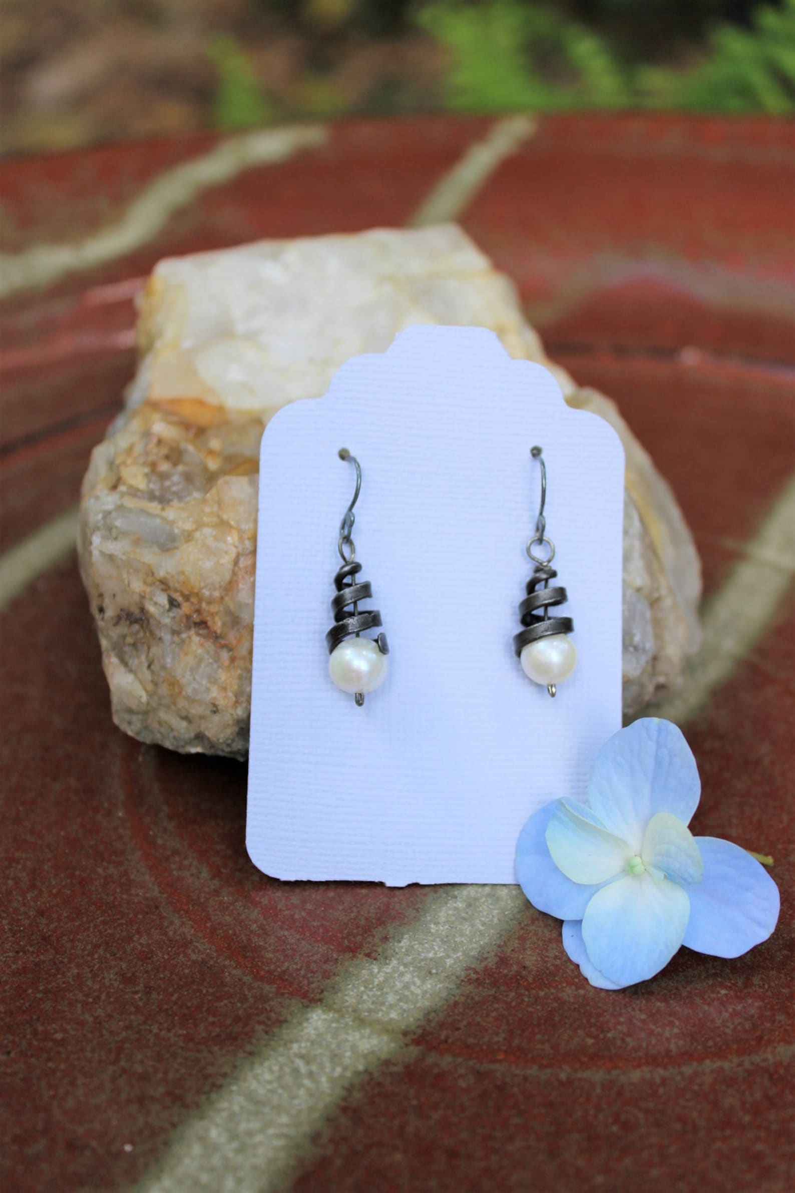 Iron Jewelry: Hand-forged Iron Spiral and White Pearl Earrings - Etsy