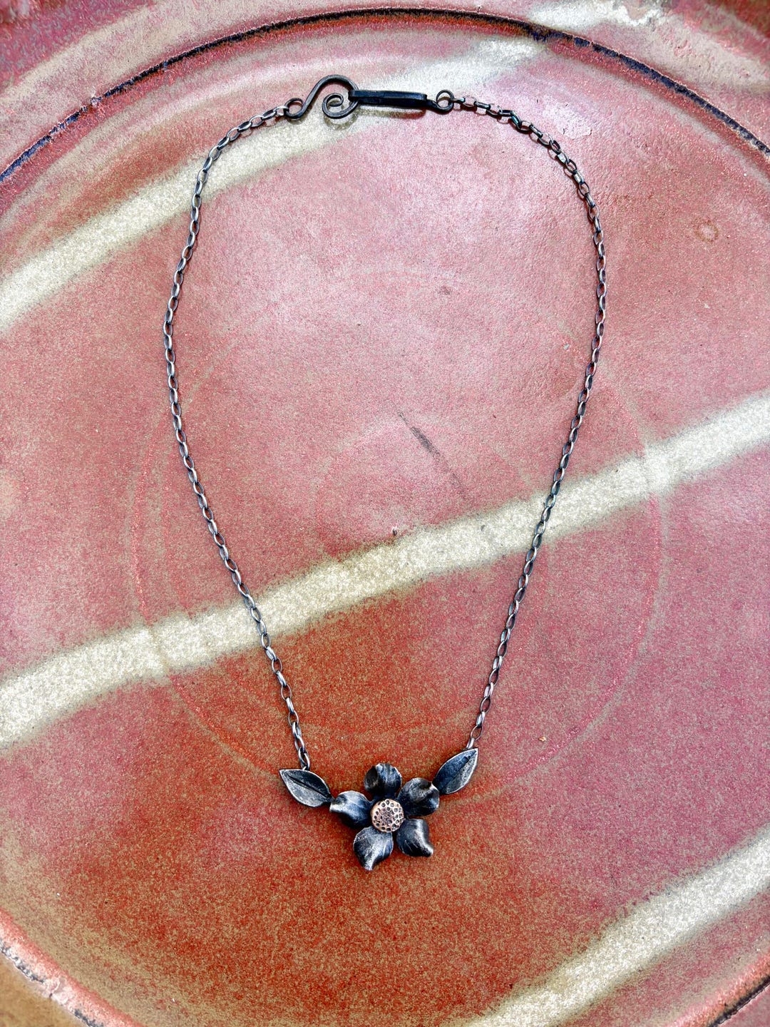 Hand Forged Iron Flower Necklace With Leaves, Bronze Center, Sterling ...