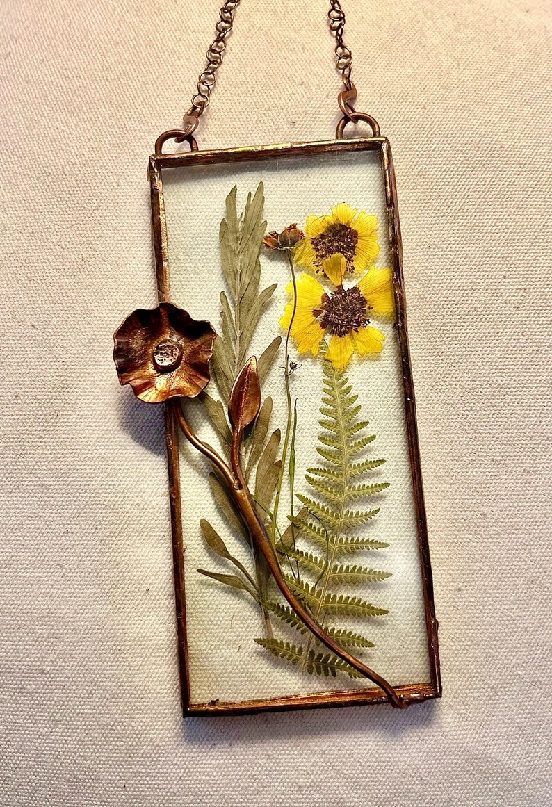 Pressed Botanical Stained Glass Wall Art With Hand Forged Copper Flower ...
