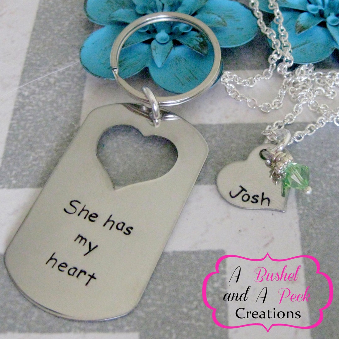 Custom Hand Stamped Heart Hole Dog Tag Key Chain With Matching Heart ...
