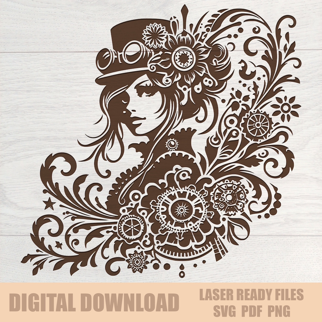Steampunk Girl SVG File for Laser Engraving, Steam Punk Woman PNG ...