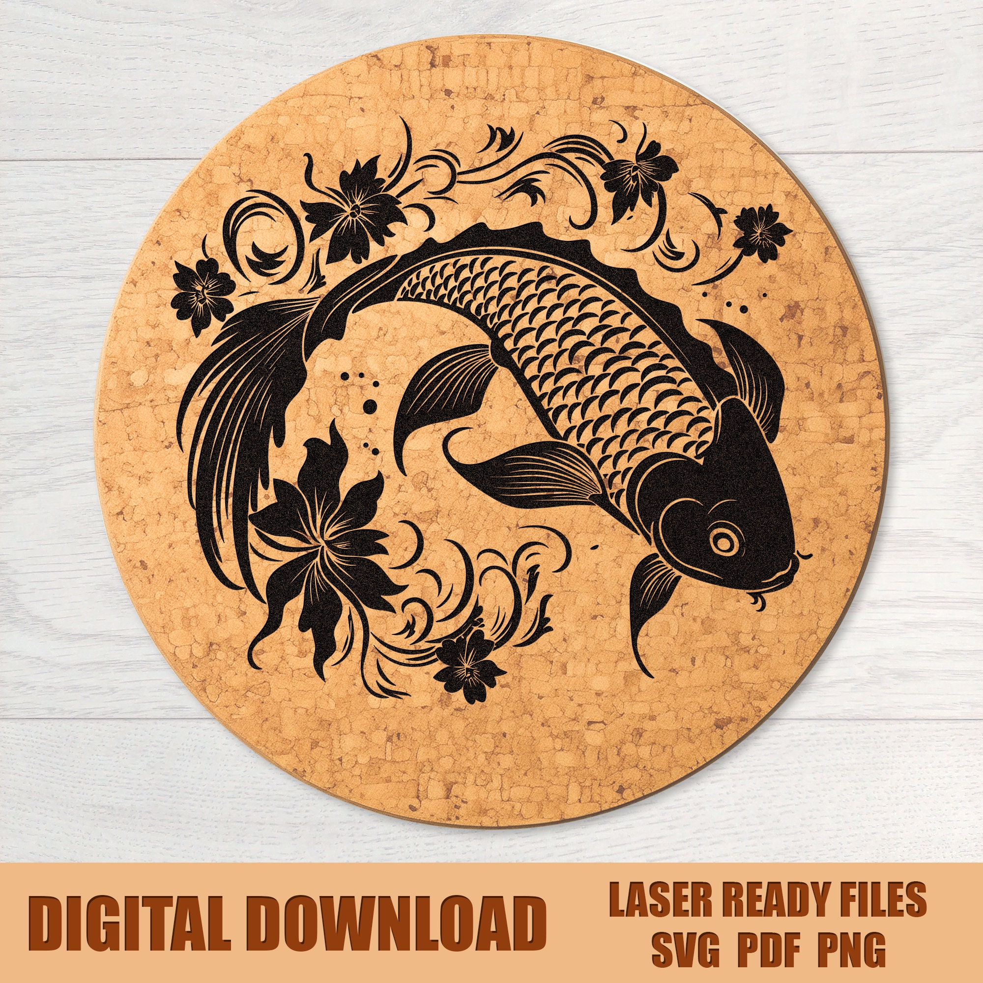 Floral japanischer Koi Fisch SVG Lasergravur-Datei, Floraler Fisch ...