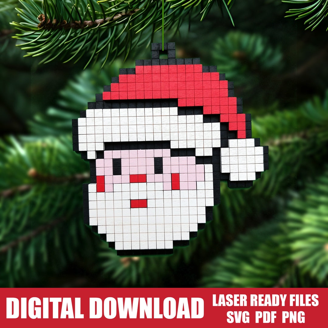 Pixel Santa Ornament SVG Laser File, Pixel Art Christmas Cut File ...