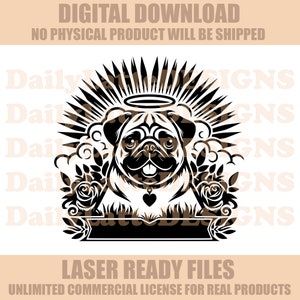 PUG With Halo Pet Memorial SVG Laser Engraver File, Floral Pug Dog PNG ...