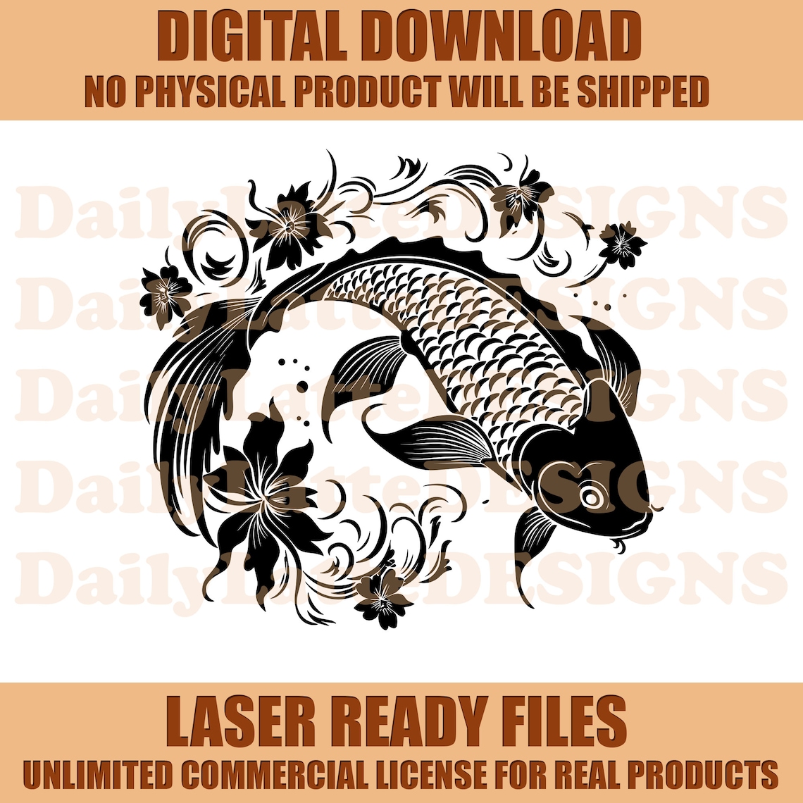Floral Japanese Koi Fish SVG Laser Engrave File, Floral Fish Vector ...