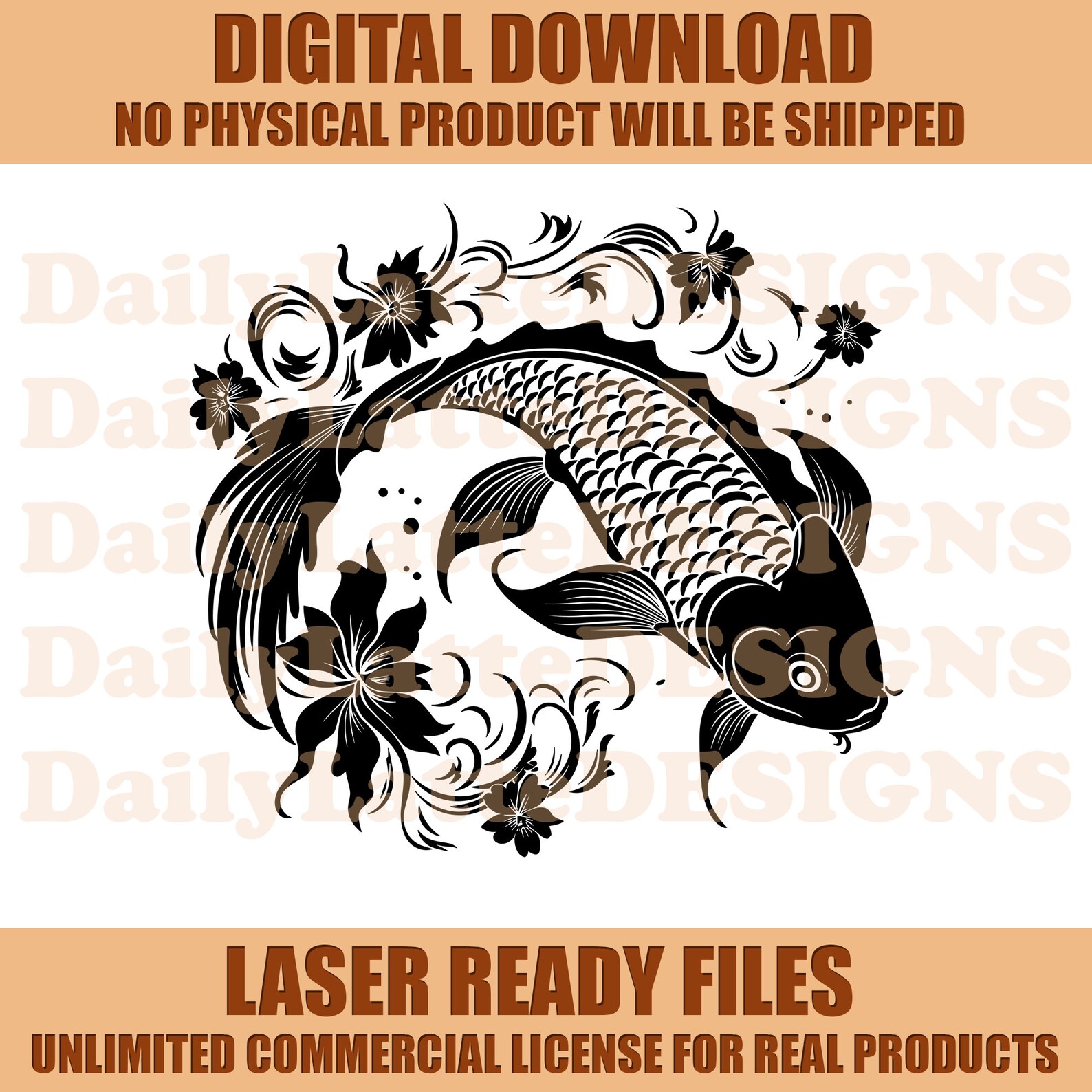 Floral Japanese Koi Fish SVG Laser Engrave File, Floral Fish Vector ...