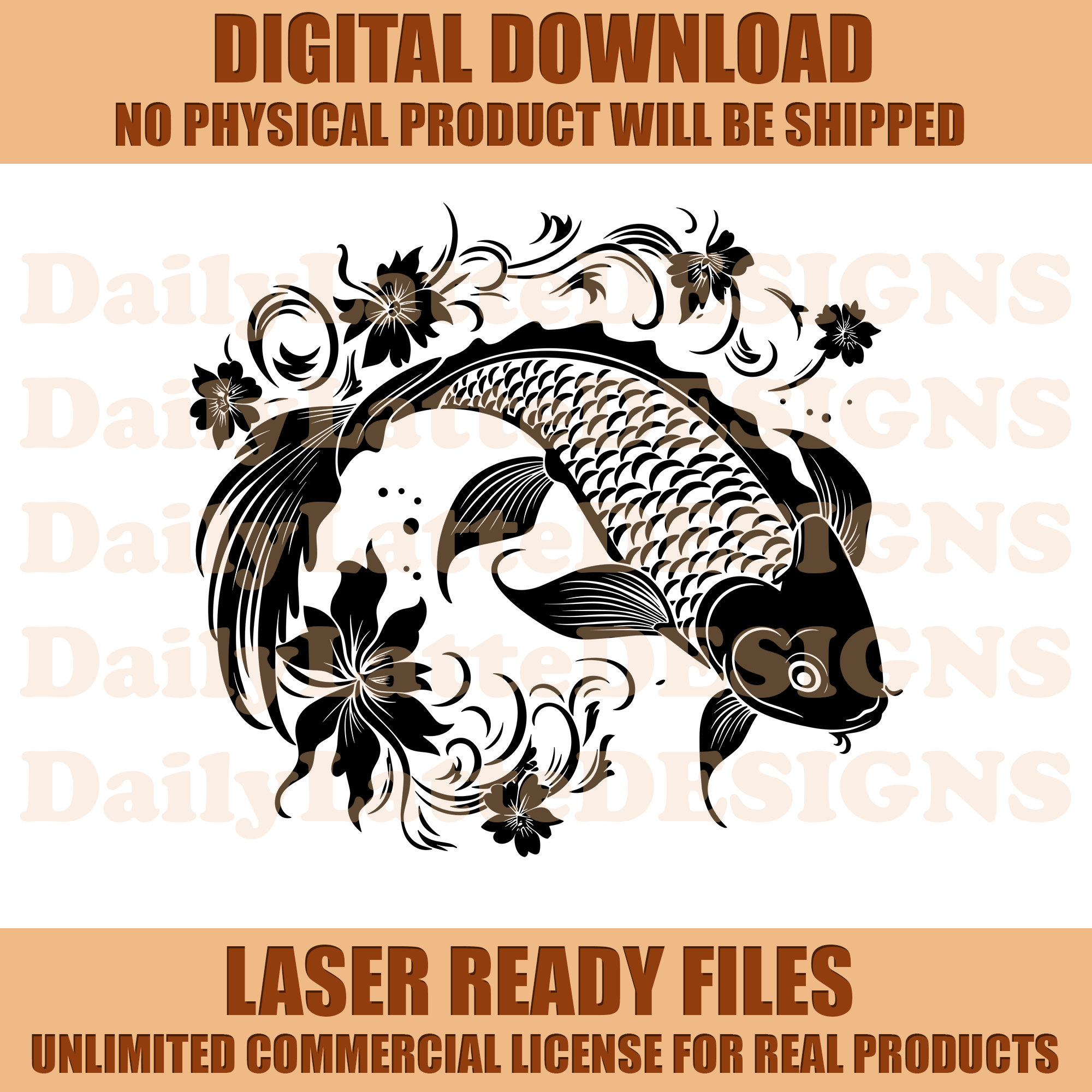 Floral Japanese Koi Fish SVG Laser Engrave File, Floral Fish Vector ...