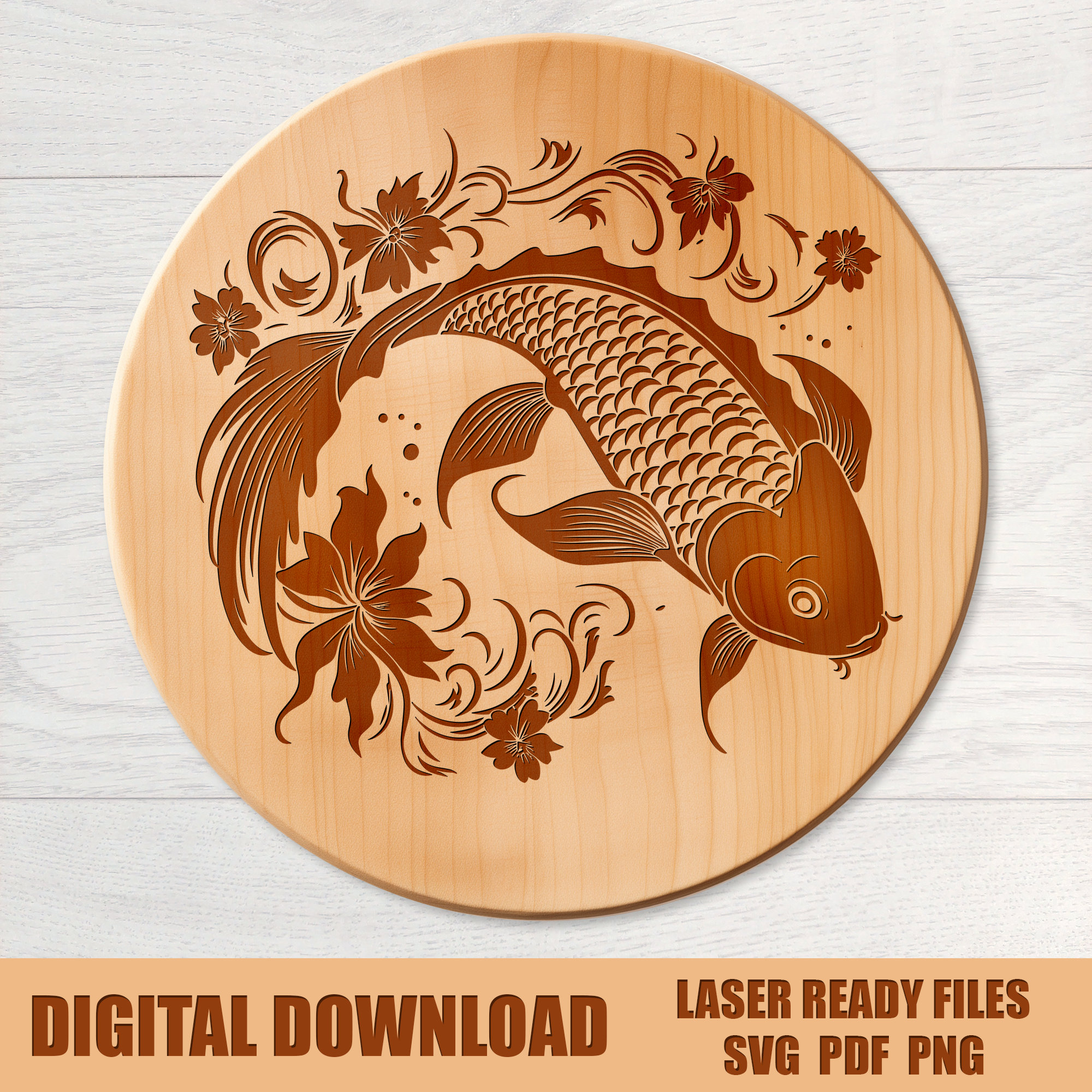 Floral Japanese Koi Fish SVG Laser Engrave File, Floral Fish Vector ...