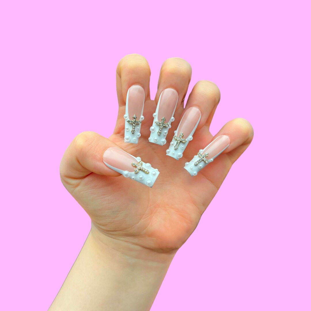 Pearl & Gold Cross White French Tip Reusable Press-on Nails wedding Day ...
