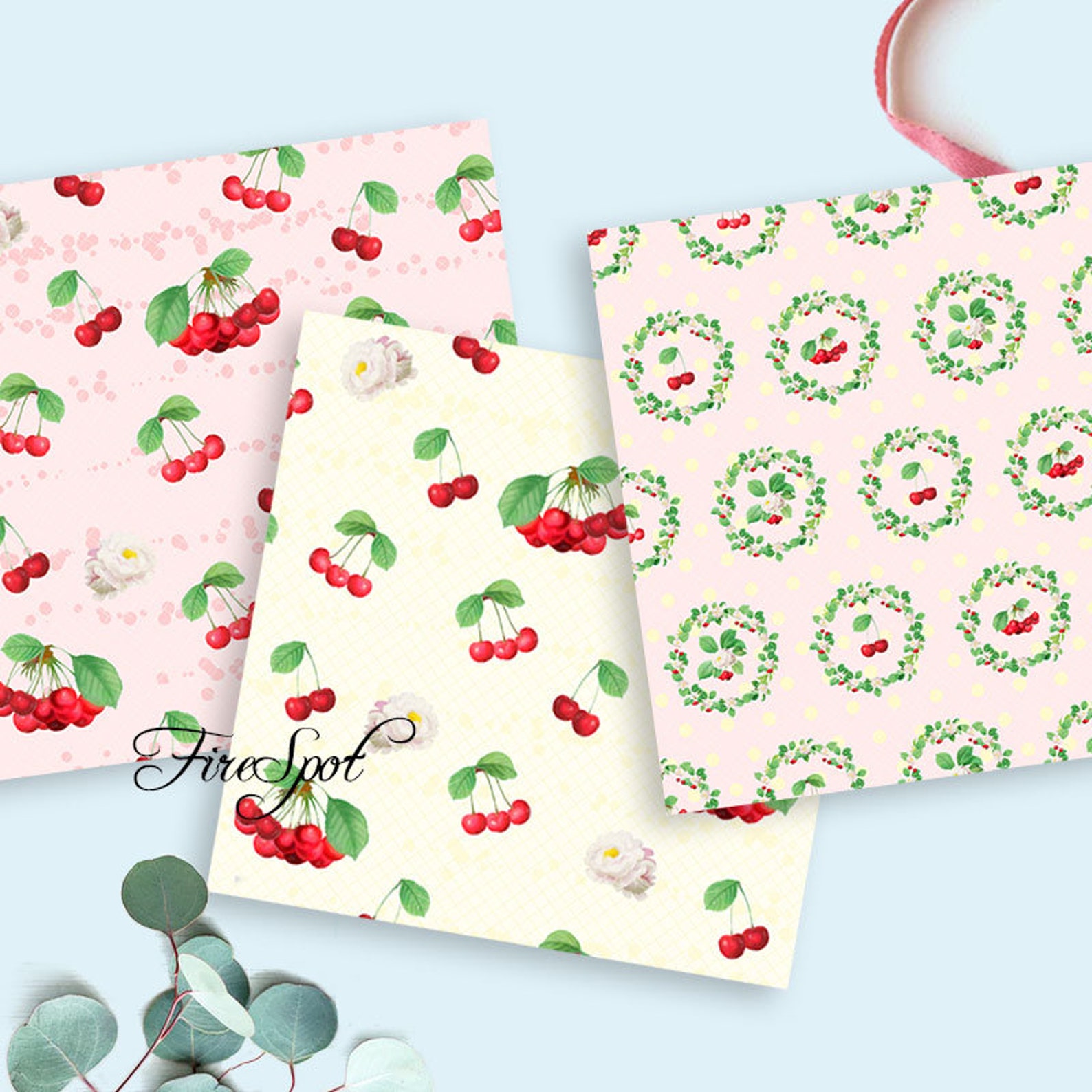 Cherry Paper Pack Digital Collage Sheet Seamless Patterns of | Etsy