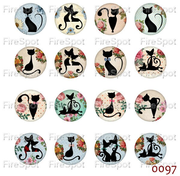 Cartoon Black Cat Digital Collage Sheet,1.5 Inch,1.25 Inch,30mm,1 Inch ...