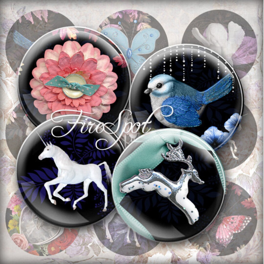 Unicorn Flower Bird Cupid Butterfly Animal digital Collage Sheet 20mm ...