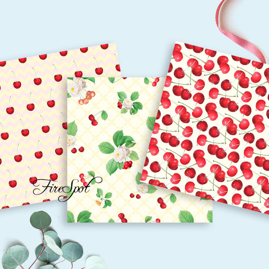 Cherry Paper Pack Digital Collage Sheet Seamless Patterns of | Etsy