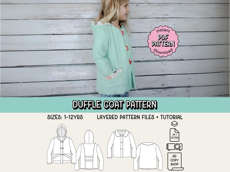 Duffle Coat PDF Sewing Pattern ~ Unisex Boys Girls Jacket Outerwear ...