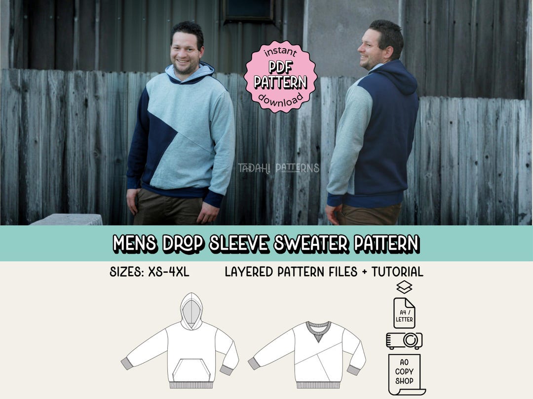 Men's Drop Sleeve Sweater PDF Sewing Pattern ~ Adult Hoodie Jumper ...