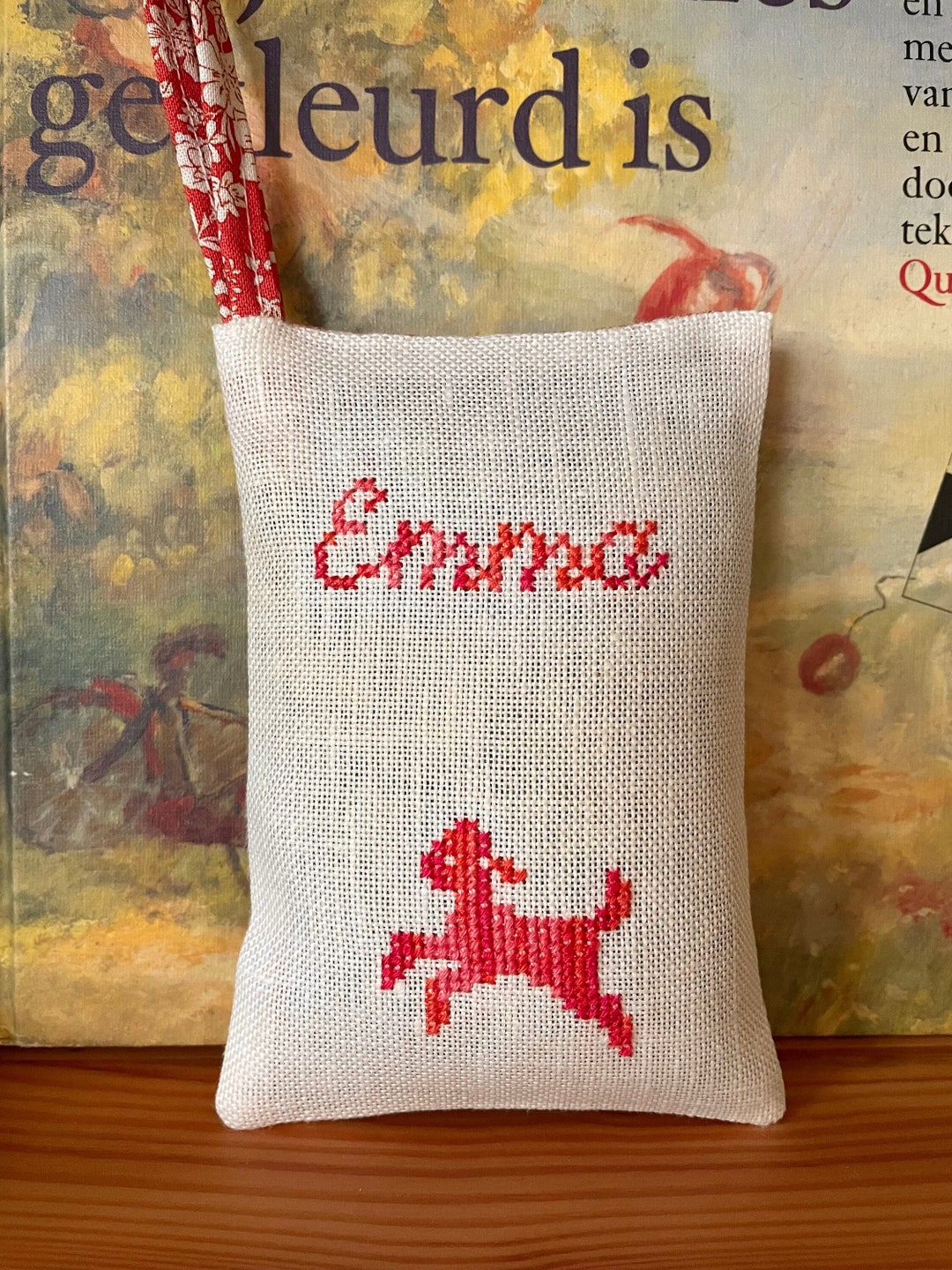 Handmade Cross Stitch Baby Name Pillow: Lamb, Liberty Fabric, Lavender ...