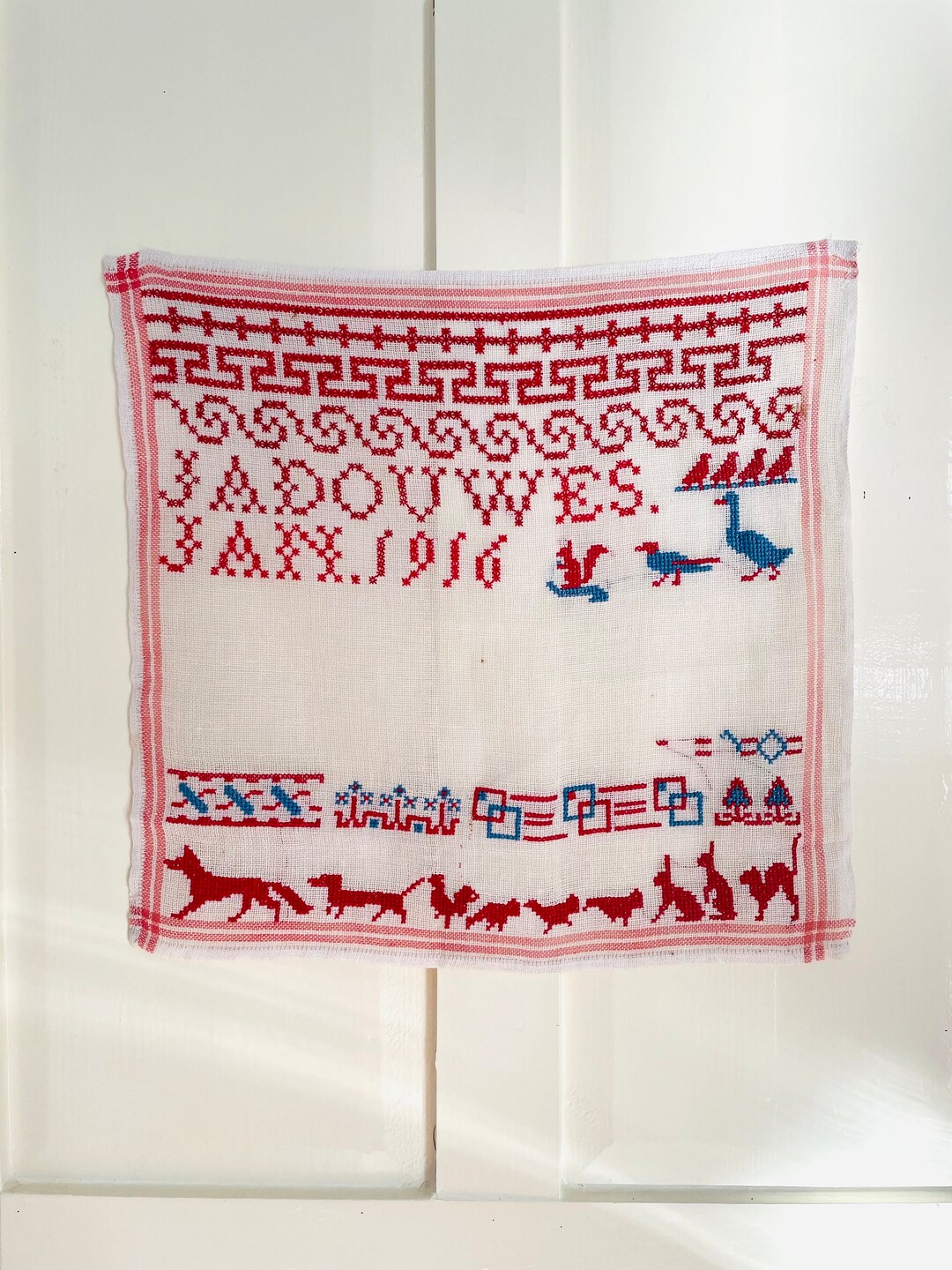 Antique Handmade Cross Stitch Sampler Dutch Sampler Little Animals Set ...