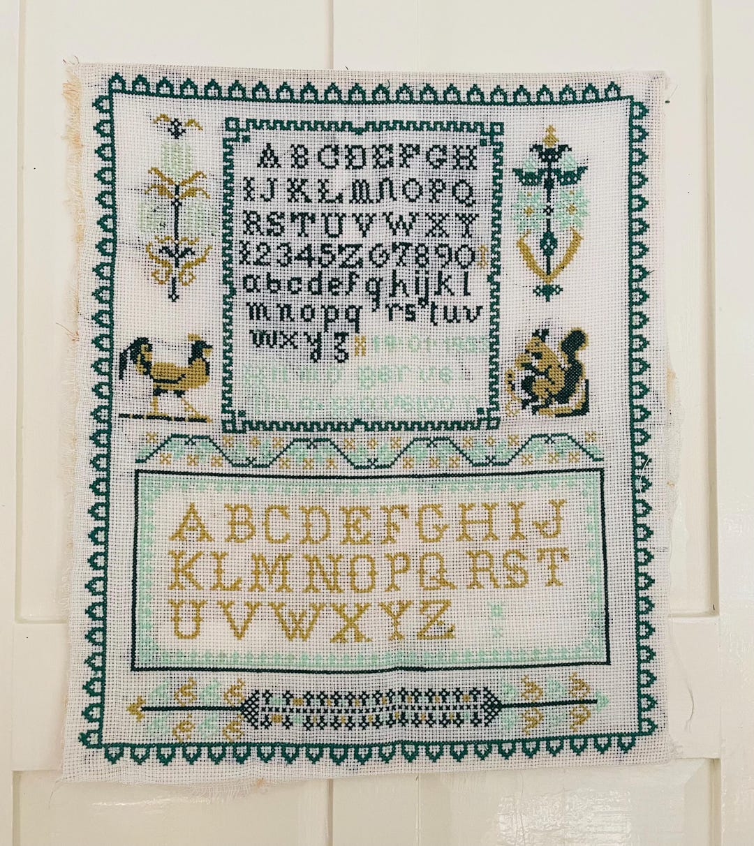 Antique Dutch Cross Stitch Sampler: 1953 Handmade Green Silk - Etsy