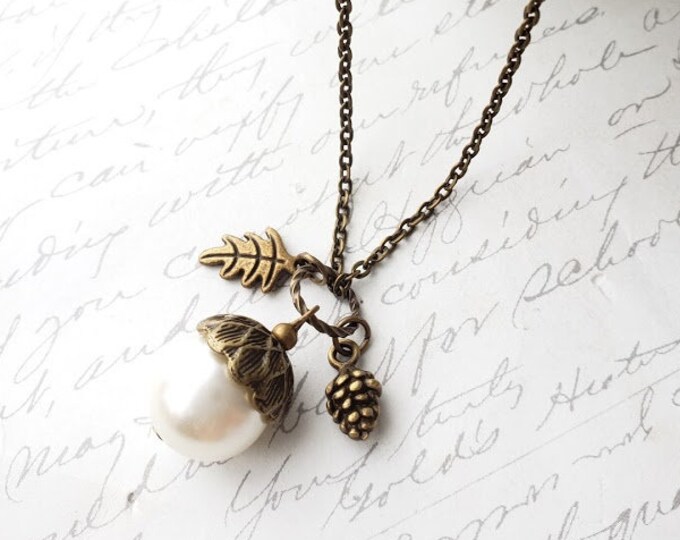 Acorn Pearl Necklace With Leaf and Pine Nut in Antique Brass - Etsy