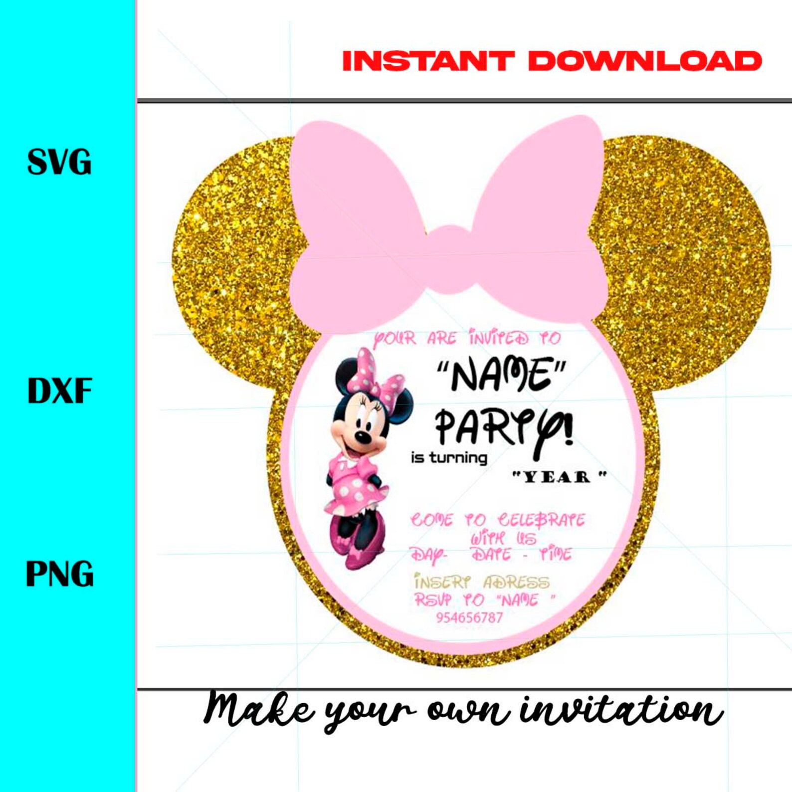 Minnie Mouse INVITATION Svg, Template Minnie Invitation Svg, Png ...