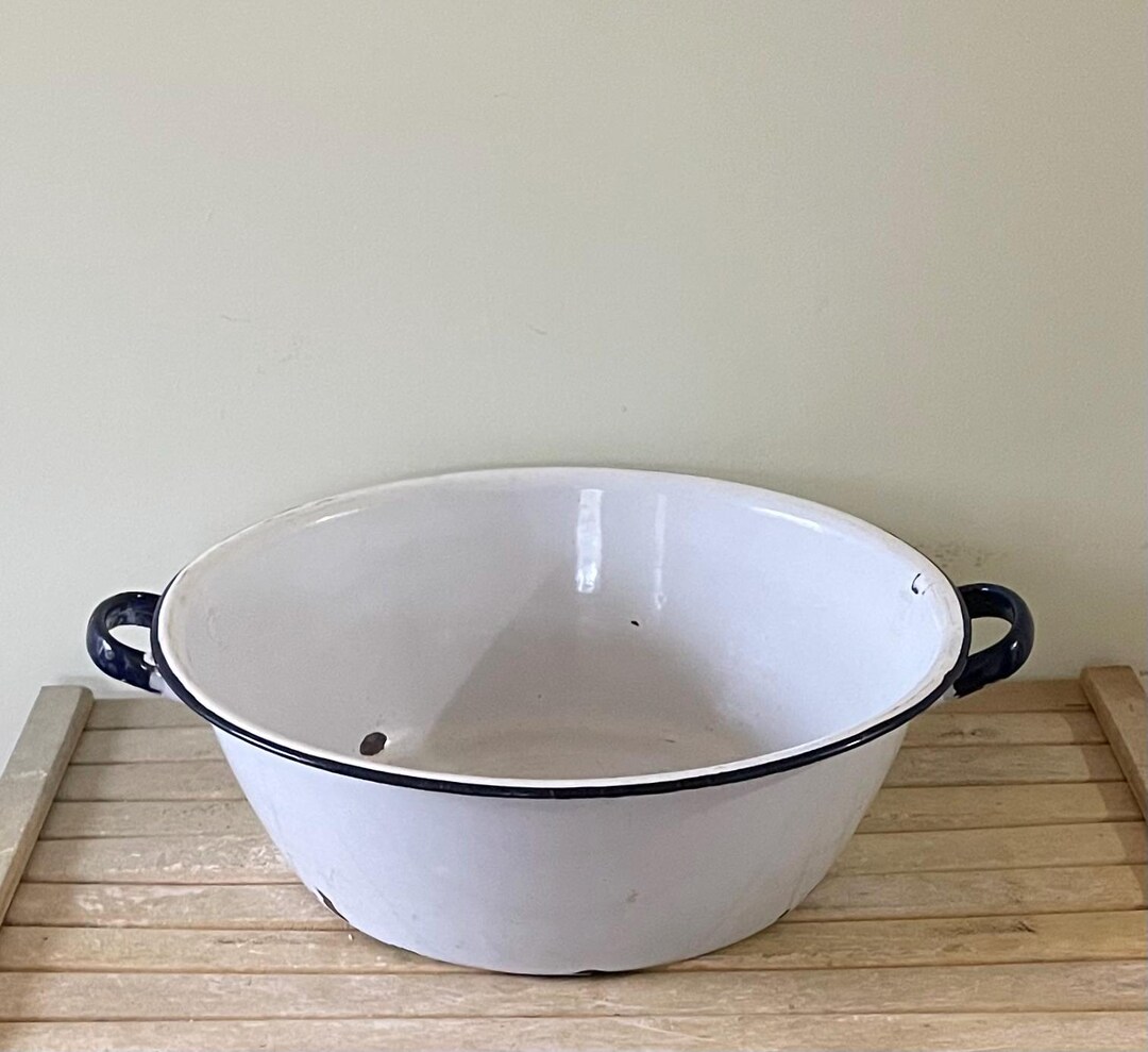 Vintage Enamel Wash Basin With Handles, White With Blue Trim Farm Basin ...