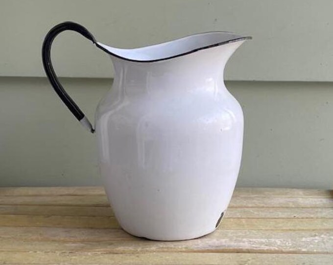 Vintage Enamel Water Pitcher, White With Black Trim Enamelware - Etsy