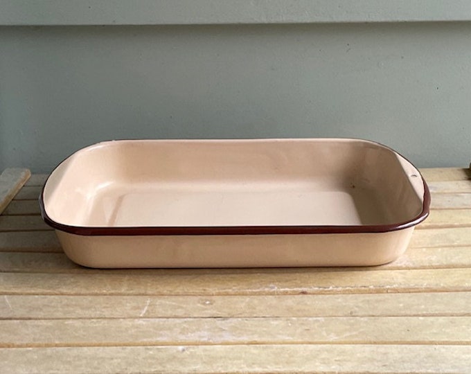 Enamel Cake Pan, Vintage Tan With Brown Trim Enamelware Pan - Etsy