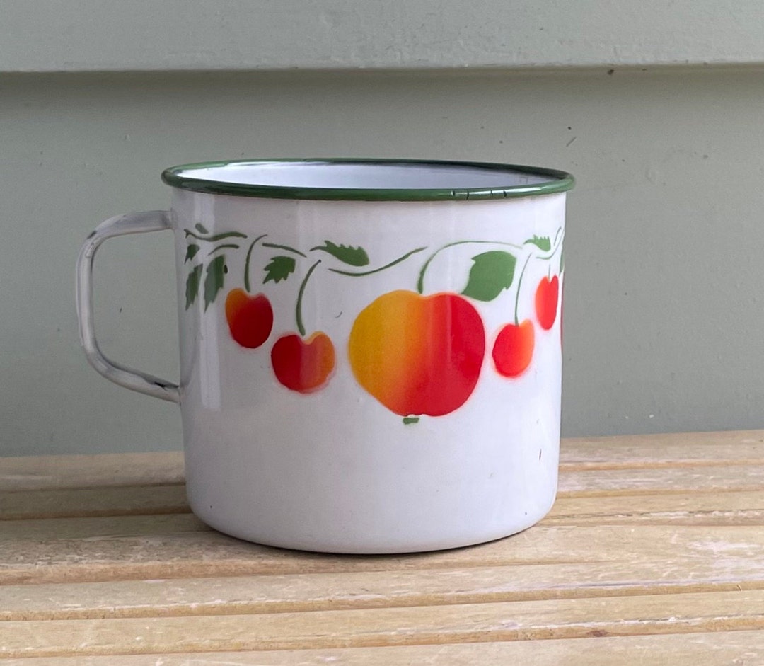 Vintage Large Enamel Mug With Fruit Pattern, Vintage Kitchen - Etsy