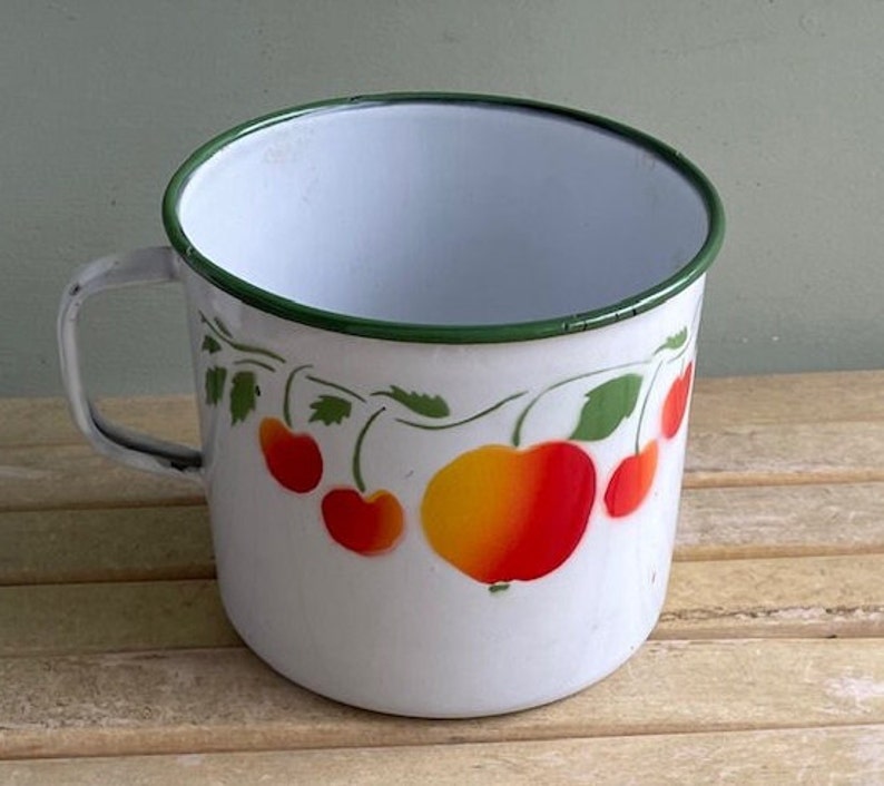 Vintage Large Enamel Mug With Fruit Pattern, Vintage Kitchen - Etsy